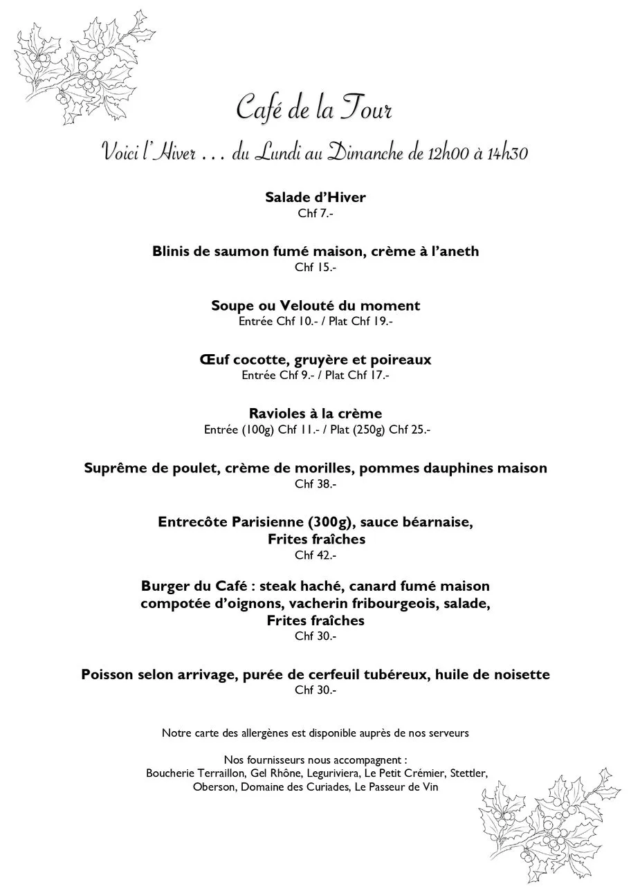 Découvrez la carte de notre restaurant | Le Café de la Tour