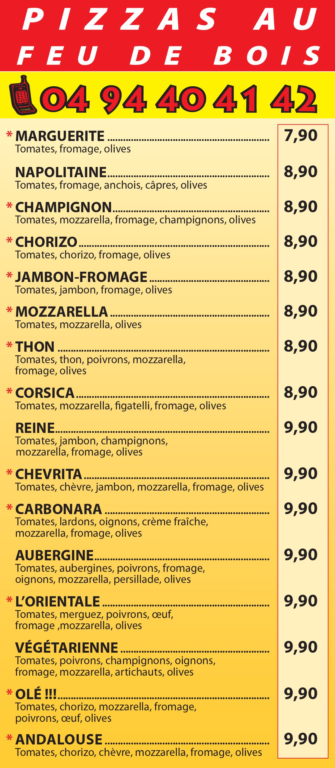 Consultez nos menus et notre carte de pizzas à Saint-Raphaël