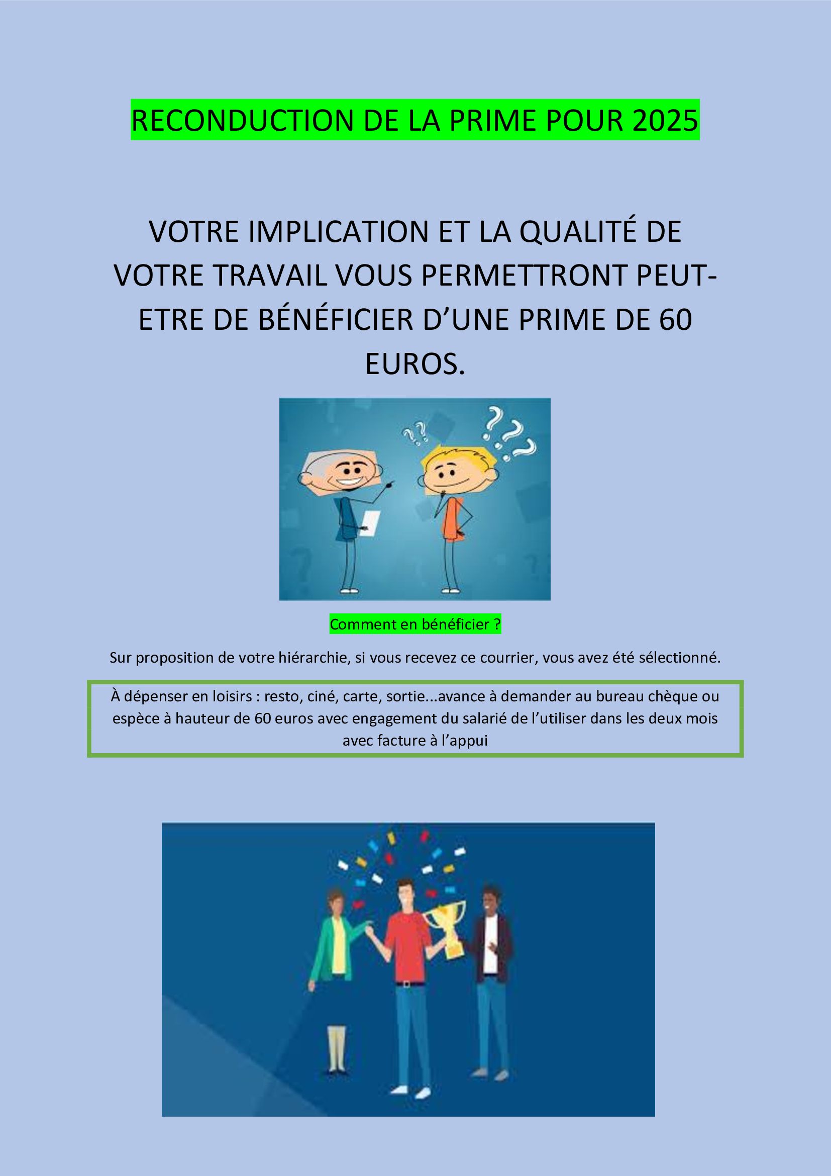 RECONDUCTION DE LA PRIME DE 60 EUROS POUR 2025