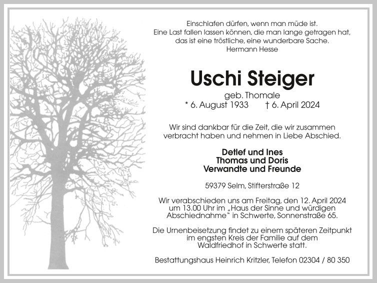 Traueranzeigen | Bestattungshaus Kritzler
