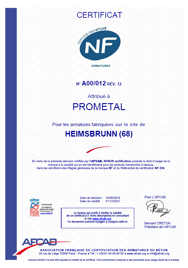 Découvrez le certificat NF AFCAB de la société Prométal, Mulhouse
